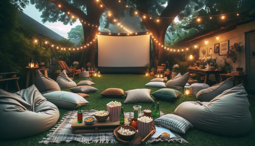 An intimate outdoor movie night setup in a backyard, with a large ...